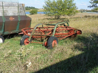 Orange/Green Side Discharge Hay Rake - Yesterday's Tractors